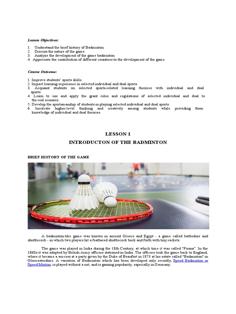 Lesson 1 Introducton of The Badminton | PDF | Leisure | Racquet Sports