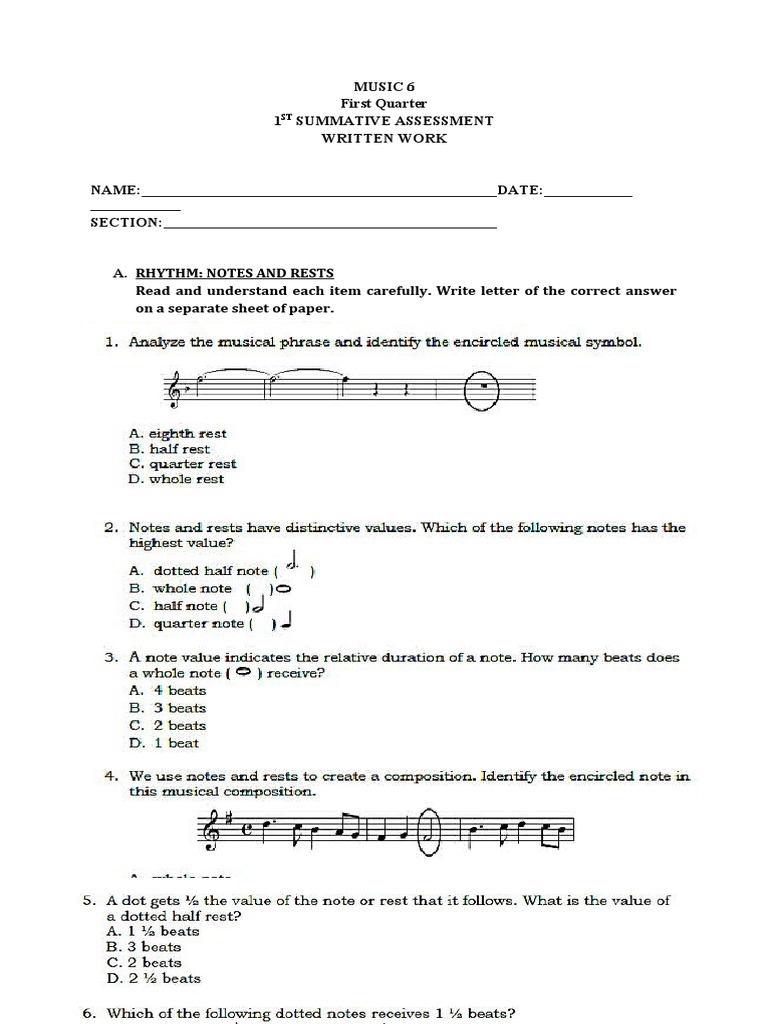 Music 6 First Quarter 1 Summative Assessment Written Work | PDF