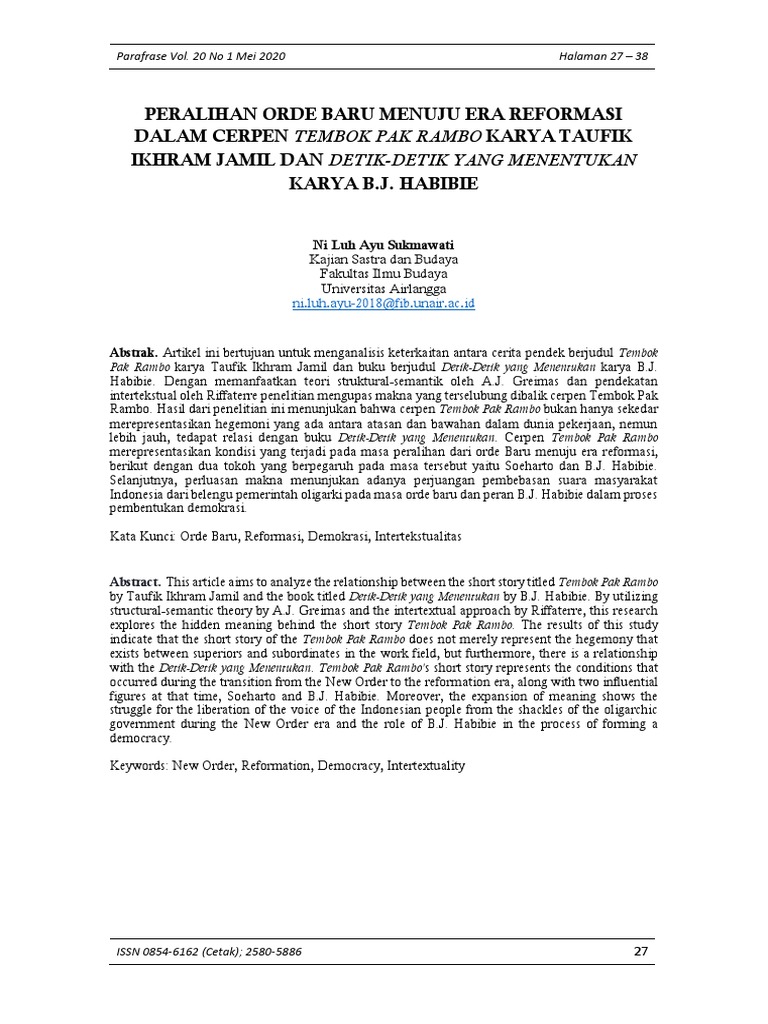 Peralihan Orde Baru Menuju Era Reformasi Dalam Cerpen Tembok Pak Rambo | PDF