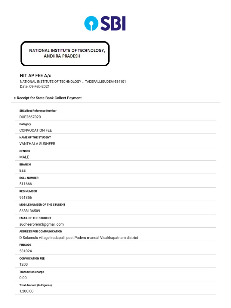NIT AP Convocation Fee Receipt | PDF