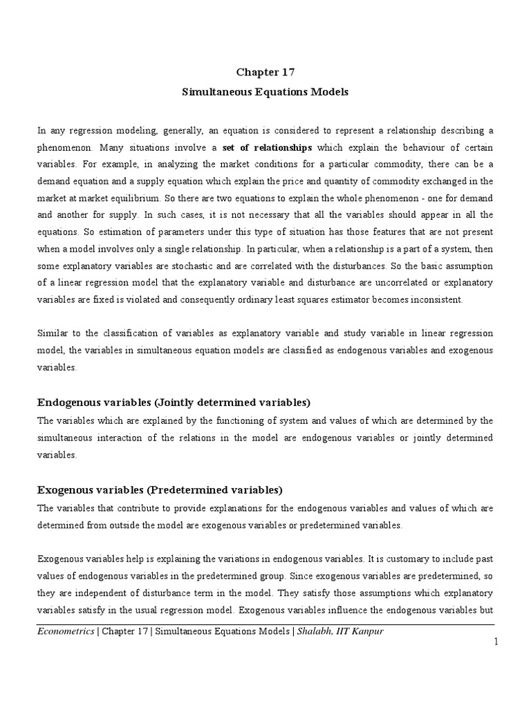 Simultaneous Equations Models: A Detailed Example of Demand and Supply Model | PDF | Endogeneity ...