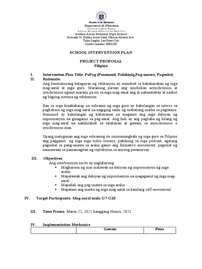 Intervention Plan Filipino | PDF