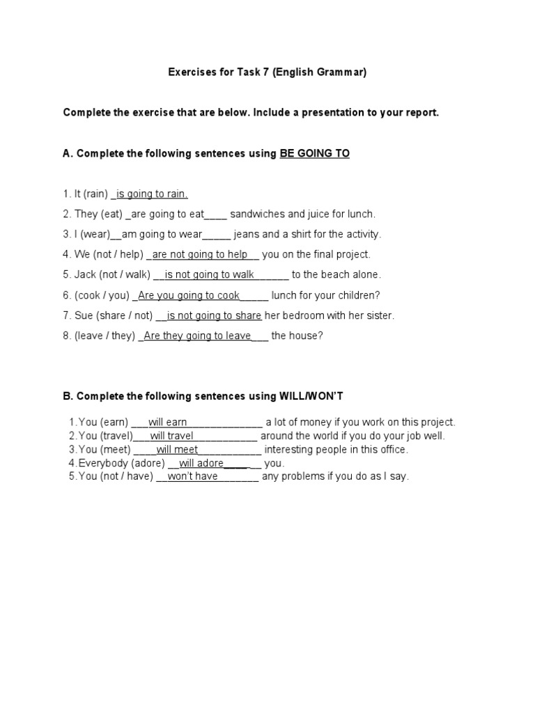 Exercises For Task 7 English Grammar PDF