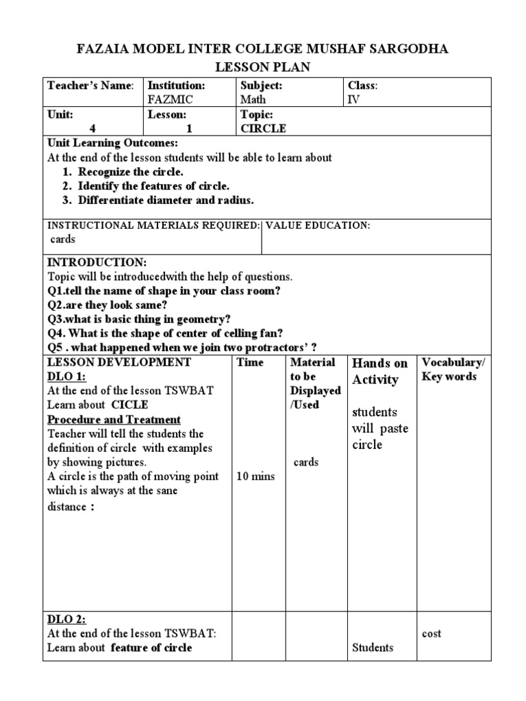 Circle Lesson Plan | PDF | Circle | Learning