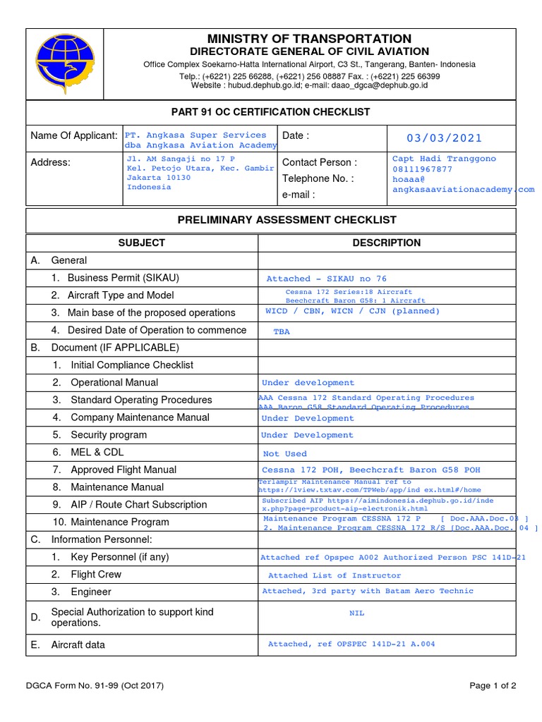 DGCA Form 91-99 Preliminary Assessment - Oct 2017 - Annotated | PDF ...