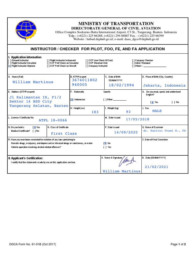 Form DGCA 61-01B William | PDF | Flight Instructor | Aviation