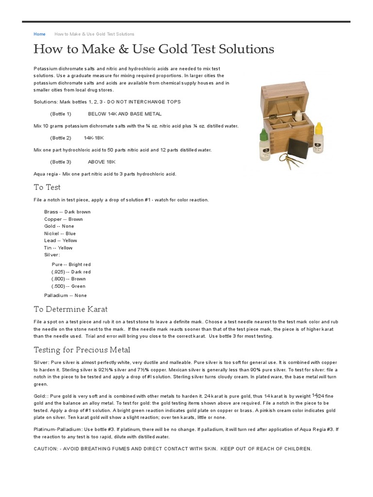 Gold Test Solutions: Mixing & Usage Guide | PDF | Fineness | Gold