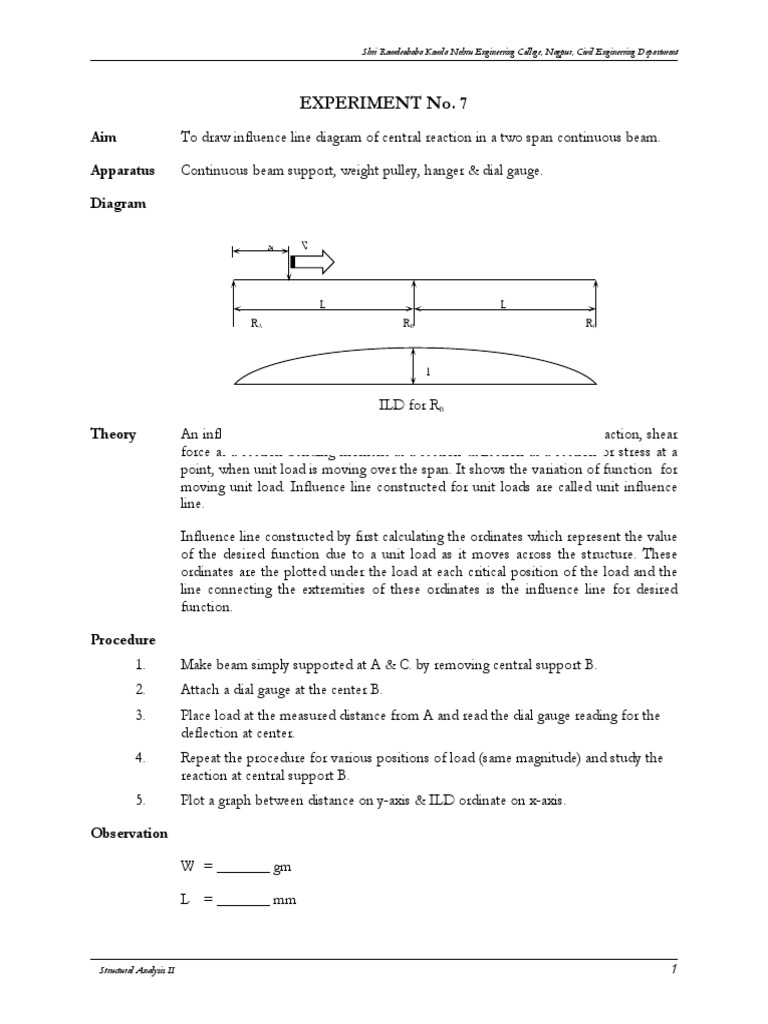 EXP-7 To Draw Influence Line Diagram of Central Reaction in A Two Span ...