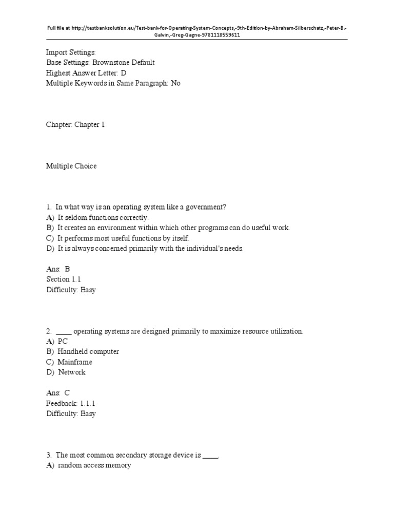 Test Bank For Operating System Concepts, 9th Edition by Abraham ...