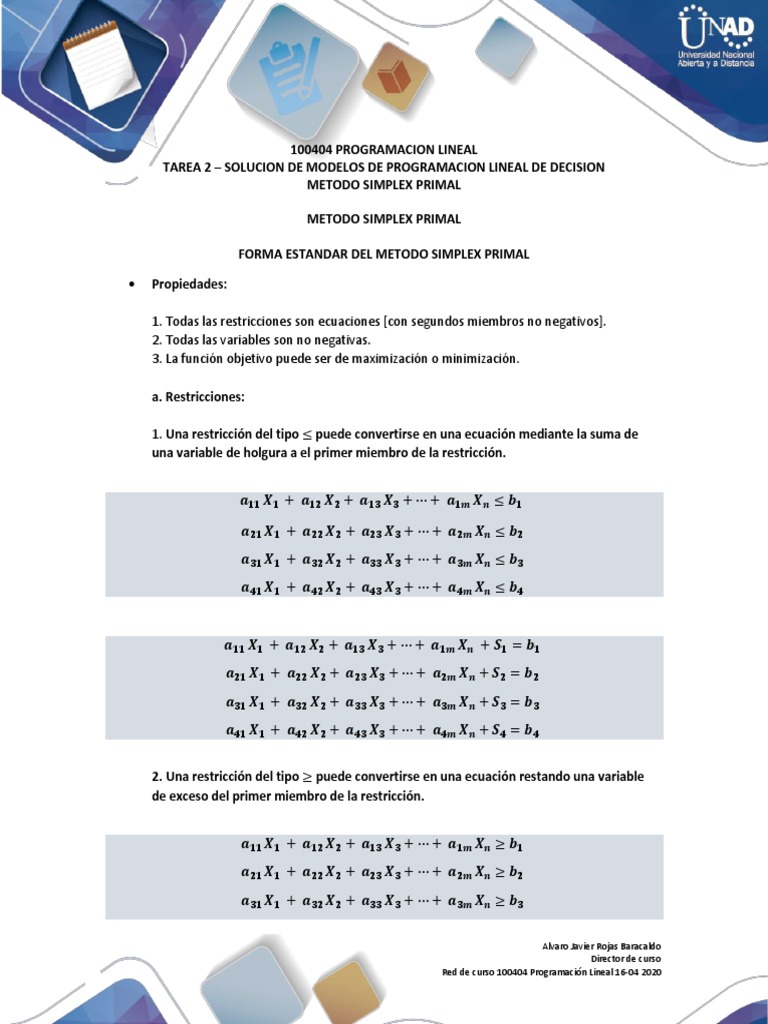 Tarea 2 Metodo Simplex Primal 100404 (16-04) 2020 | PDF | Programación lineal | Combinatoria