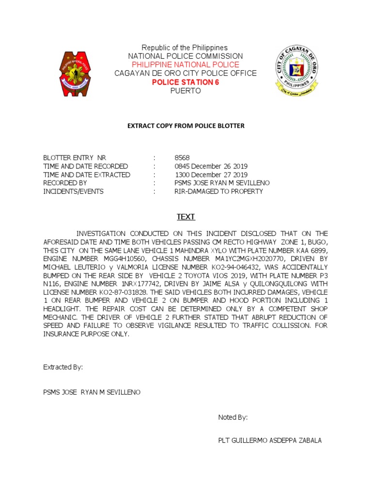 Extract Copy From Police Blotter | PDF