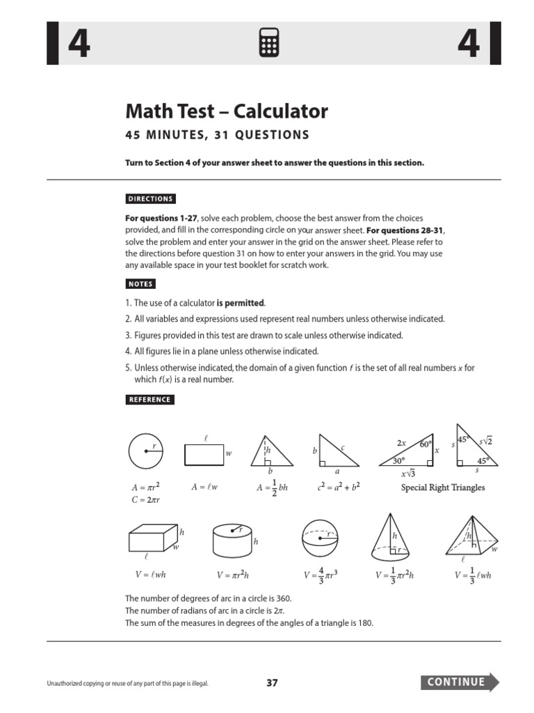 Math Test - Calculator: 45 Minutes, 31 Questions | PDF | Teaching ...