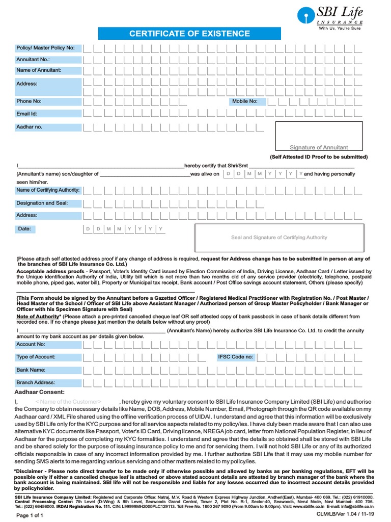 SBI Life Insurance Annuity Authorization Form | PDF | Identity Document ...
