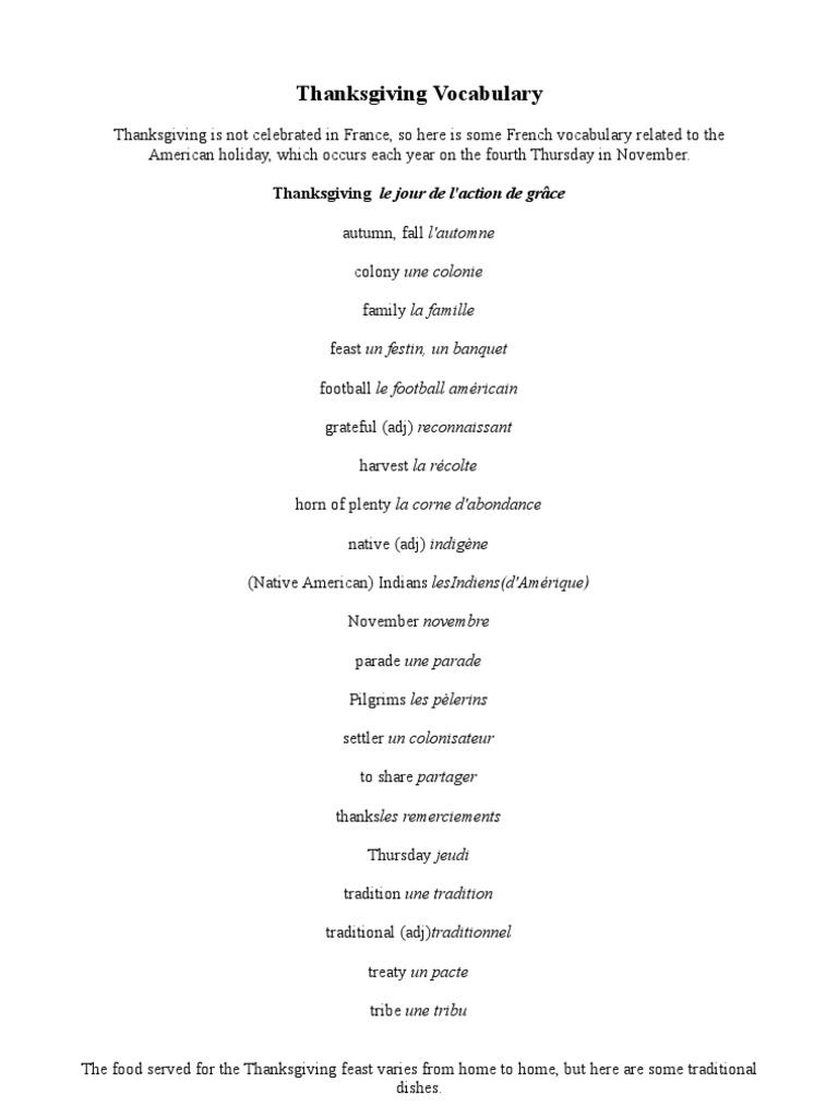 Vocabulaire Français pour Thanksgiving | PDF