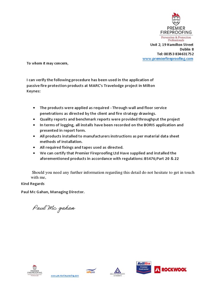 PremierFireproofing - Travelodge MK - Letter of Compliance | PDF