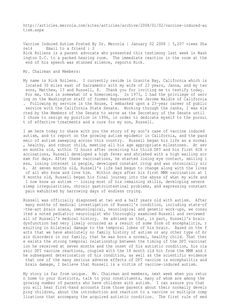 Vaccine-Induced Autism Testimony | PDF | Autism Spectrum | Autism