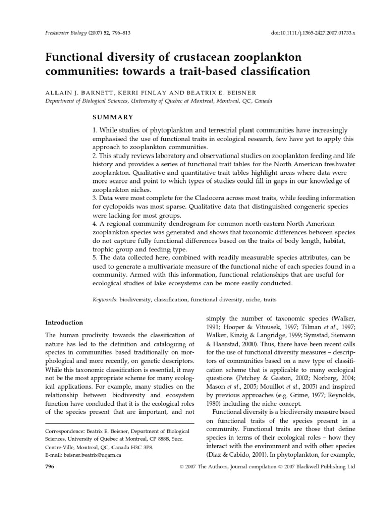 Functional Diversity of Crustacean Zooplankton Communities Towards A Trait-Based Classification ...