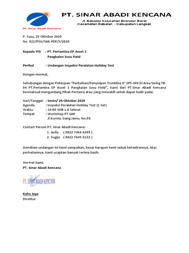 Undangan Inspeksi Perlatan Holiday Test | PDF