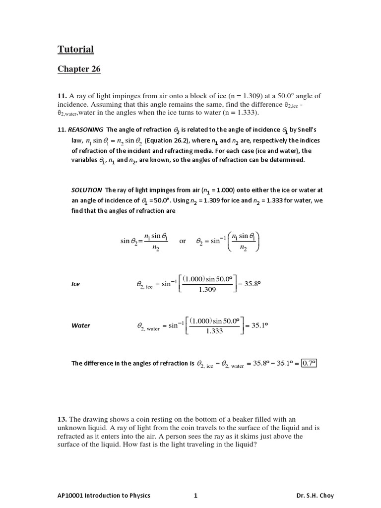 Tutorial Ch26 Solution | PDF | Prism | Refraction