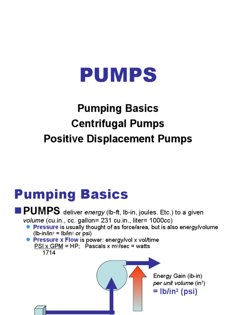 Pumps: Pumping Basics Centrifugal Pumps Positive Displacement Pumps ...