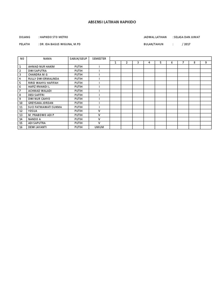Absensi Latihan Hapkido | PDF
