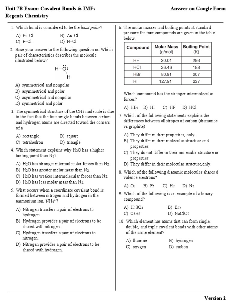 Exam Covalent Bonding and IMFs SC Ver2 | PDF | Chemical Polarity ...