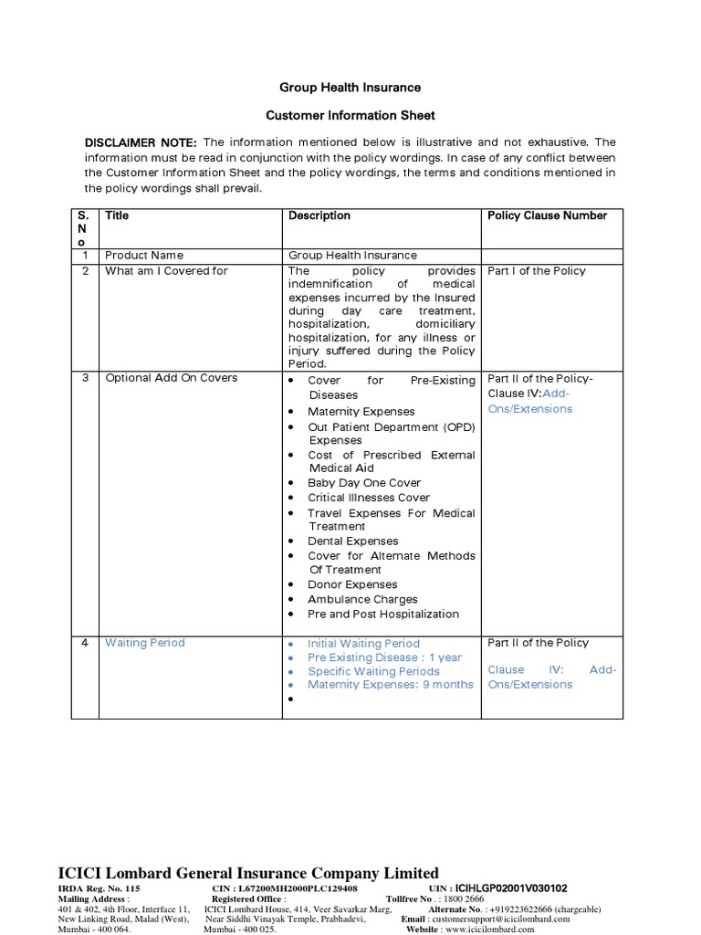 Group Health Insurance Customer Information Sheet: ICICI Lombard ...