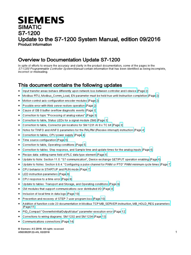 Simatic S7-1200 Update To The S7-1200 System Manual, Edition 09/2016 ...