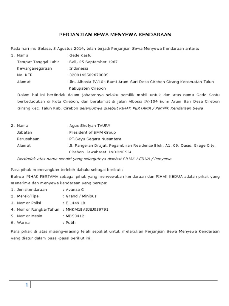 Perjanjian Sewa Menyewa Kendaraan | PDF