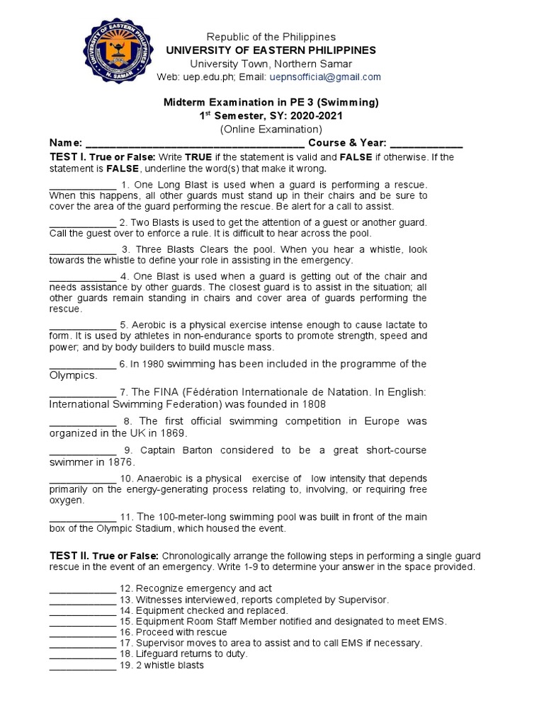 University of Eastern Philippines: True or False: Write TRUE If The Statement Is Valid and FALSE ...