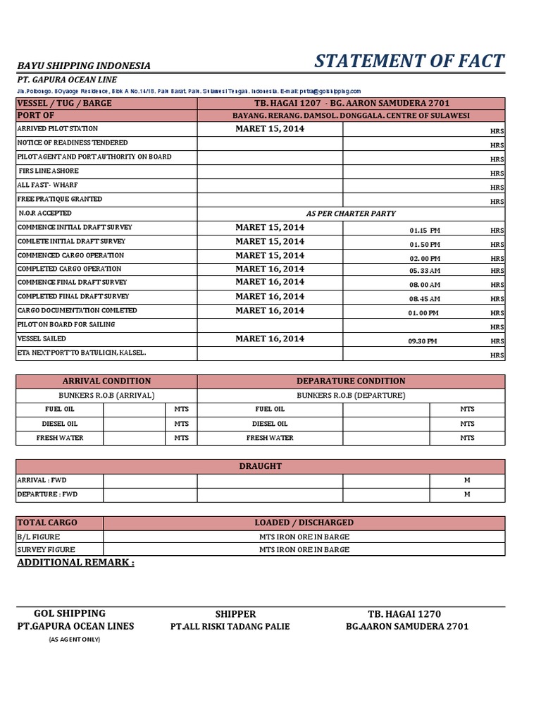 Bayu Shipping Form Statement of Fact | PDF | Fuel Oil | Watercraft