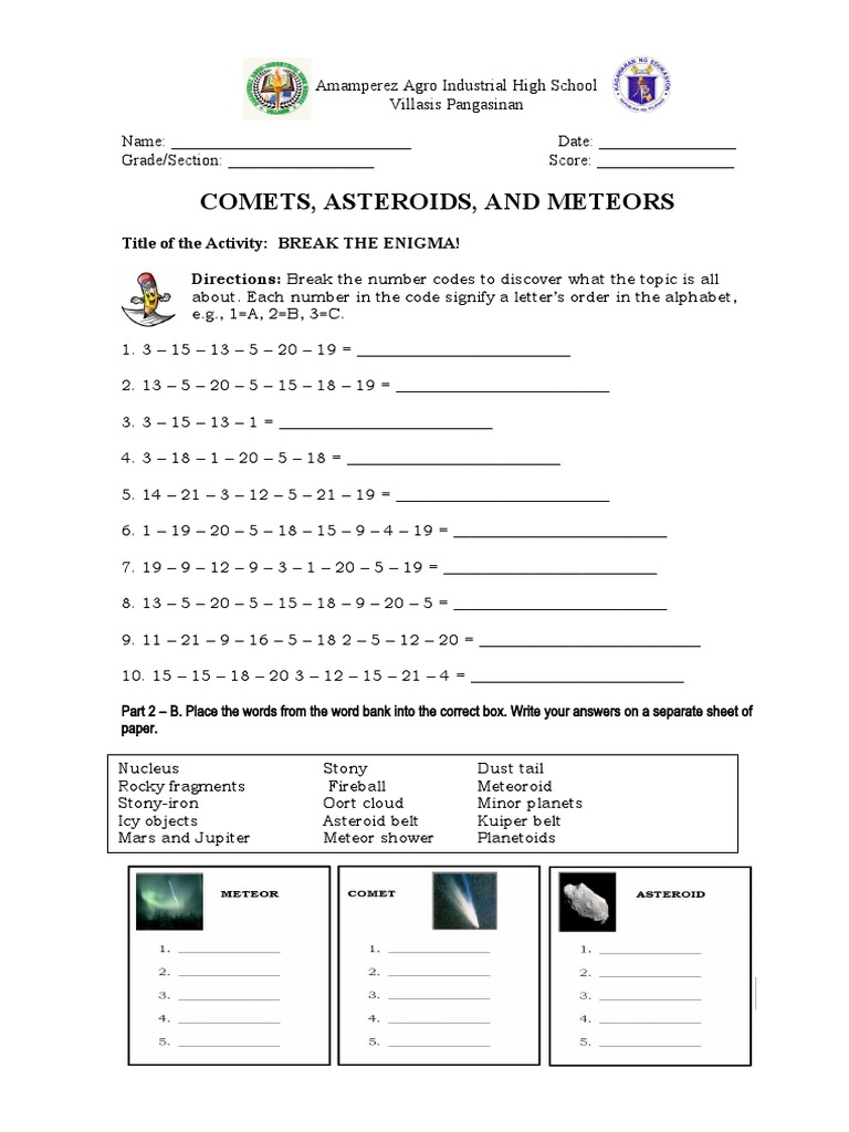 Activity Sheet On Meteors | PDF | Meteoroid | Tropical Cyclones