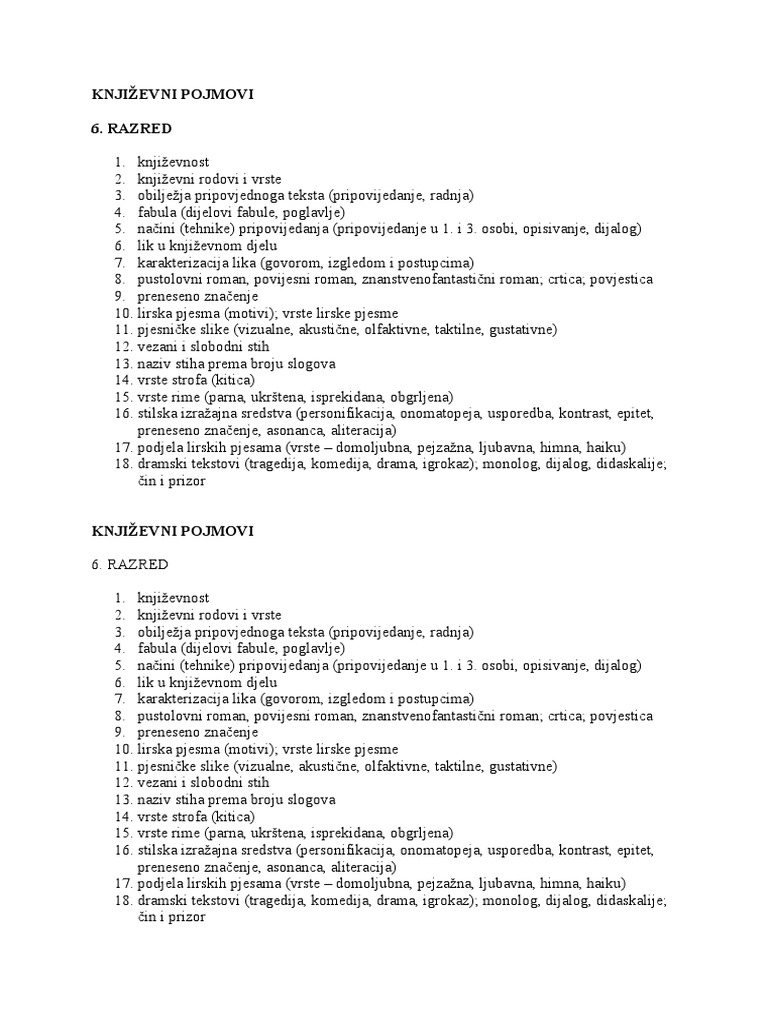 Knjizevni Pojmovi Za Sestase | PDF