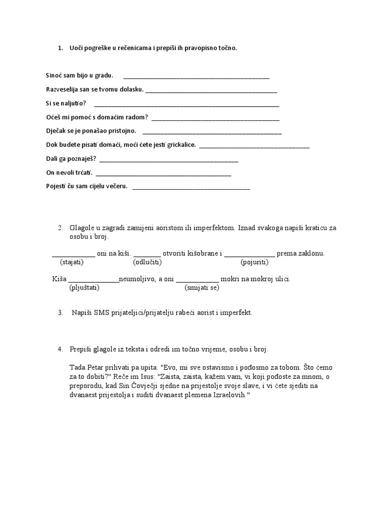 Razred Glagolska Vremena Listic Za Dopunsku | PDF