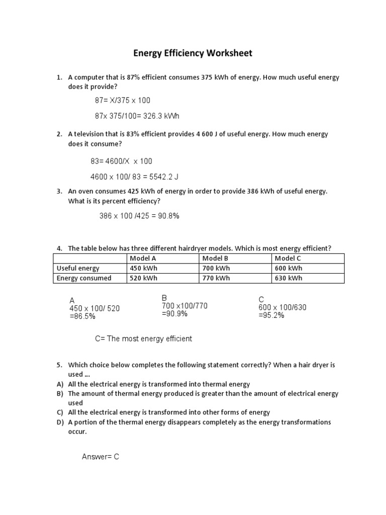 Worksheet 1 - Energy Efficiency | PDF | Furnace | Water Heating