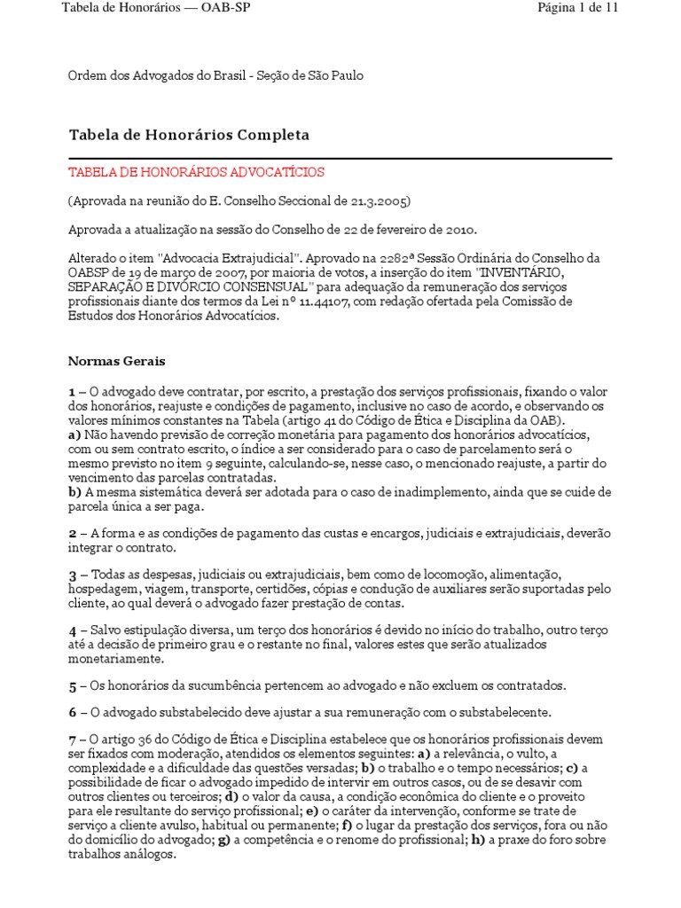 Tabela OAB 2010 | PDF | Pensão alimentícia | Advogado