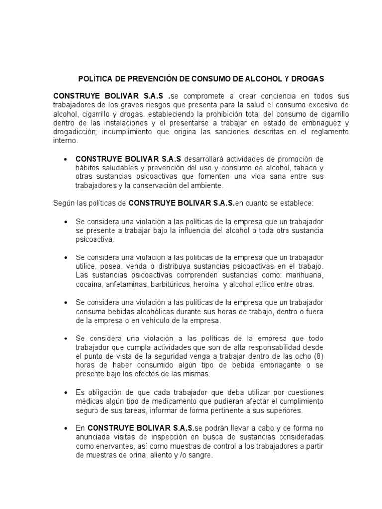 Política de Prevención Al Consumo de Alcohol y Drogas | PDF | Drogas Psicoactivas | La ...