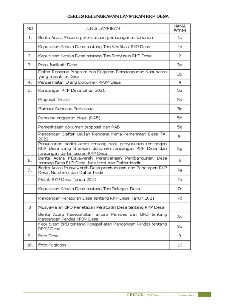 Ceklis Kelengkapan Lampiran RKP Desa | PDF