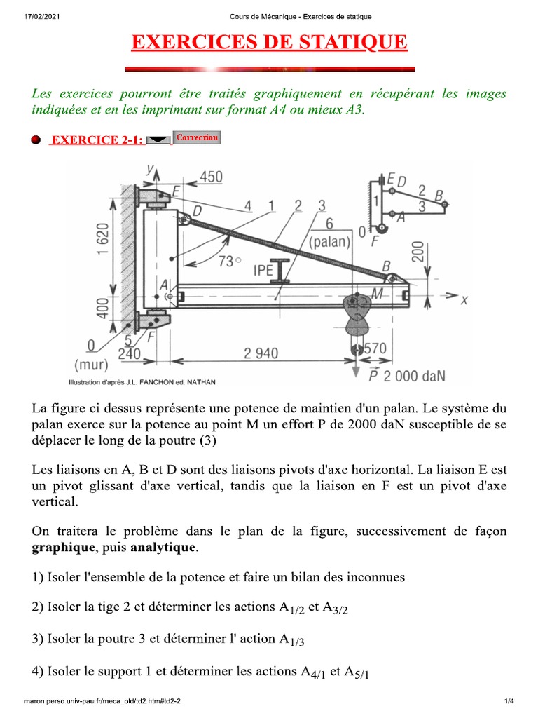 Cours de Mécanique - Exercices de Statique | PDF