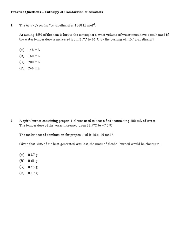 Enthalpy of Combustion - Practice Questions | PDF
