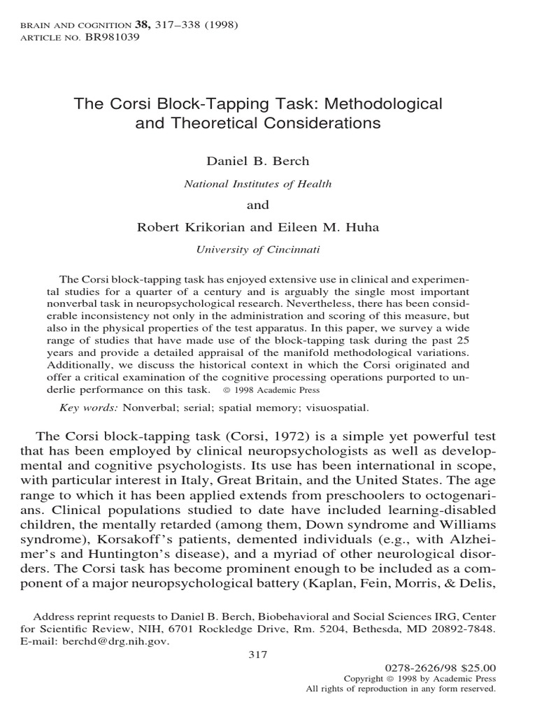 BERCH 1998 The Corsi Block-Tapping Task | PDF | Recall (Memory) | Memory