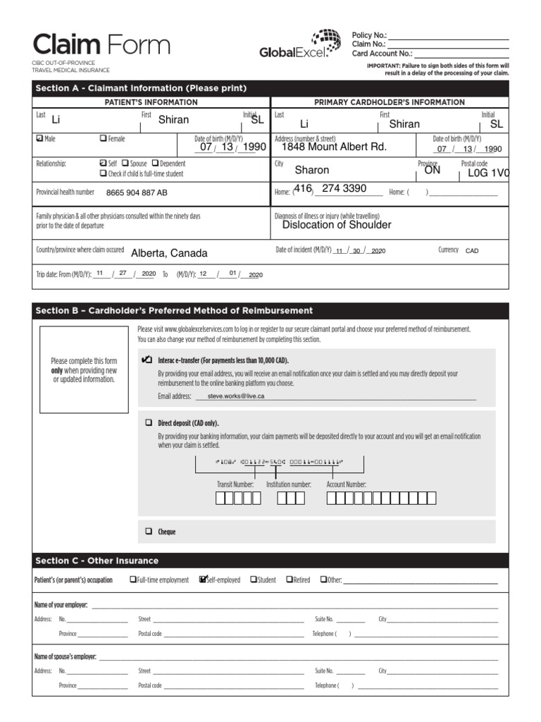 Claim Form: Li Shiran SL 07 13 1990 Li Shiran SL 1848 Mount Albert Rd ...