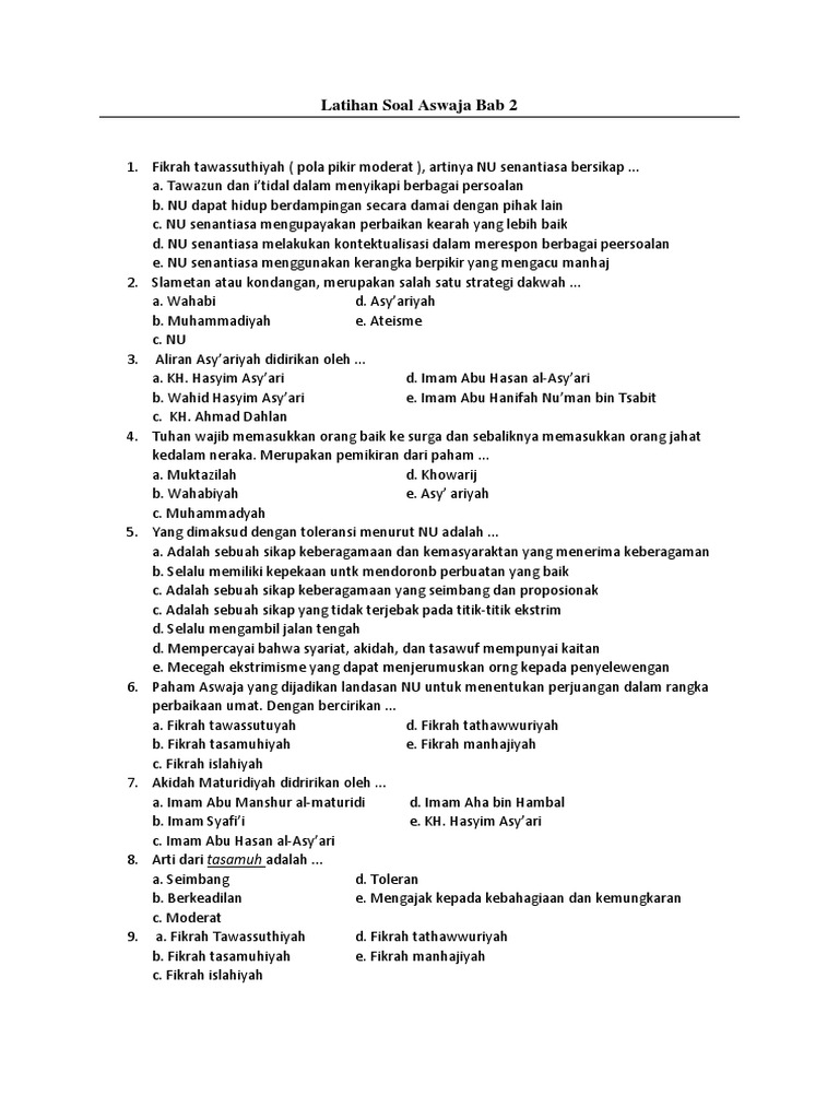 Latihan Soal Aswaja Kelas XII | PDF | Agama & Spiritualitas