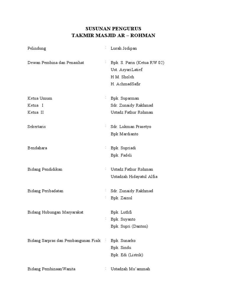 Susunan Pengurus Takmir Masjid Ar-Rohman | PDF