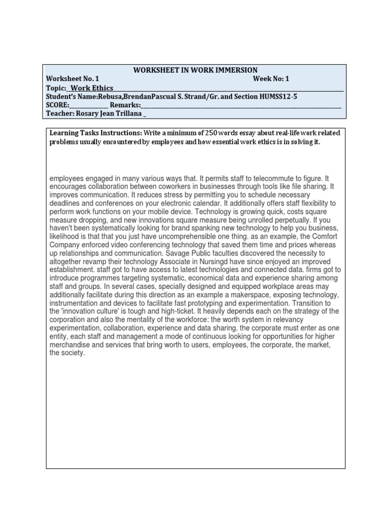 Worksheet in Work Immersion Work Ethics | PDF | Telecommuting | Cognition