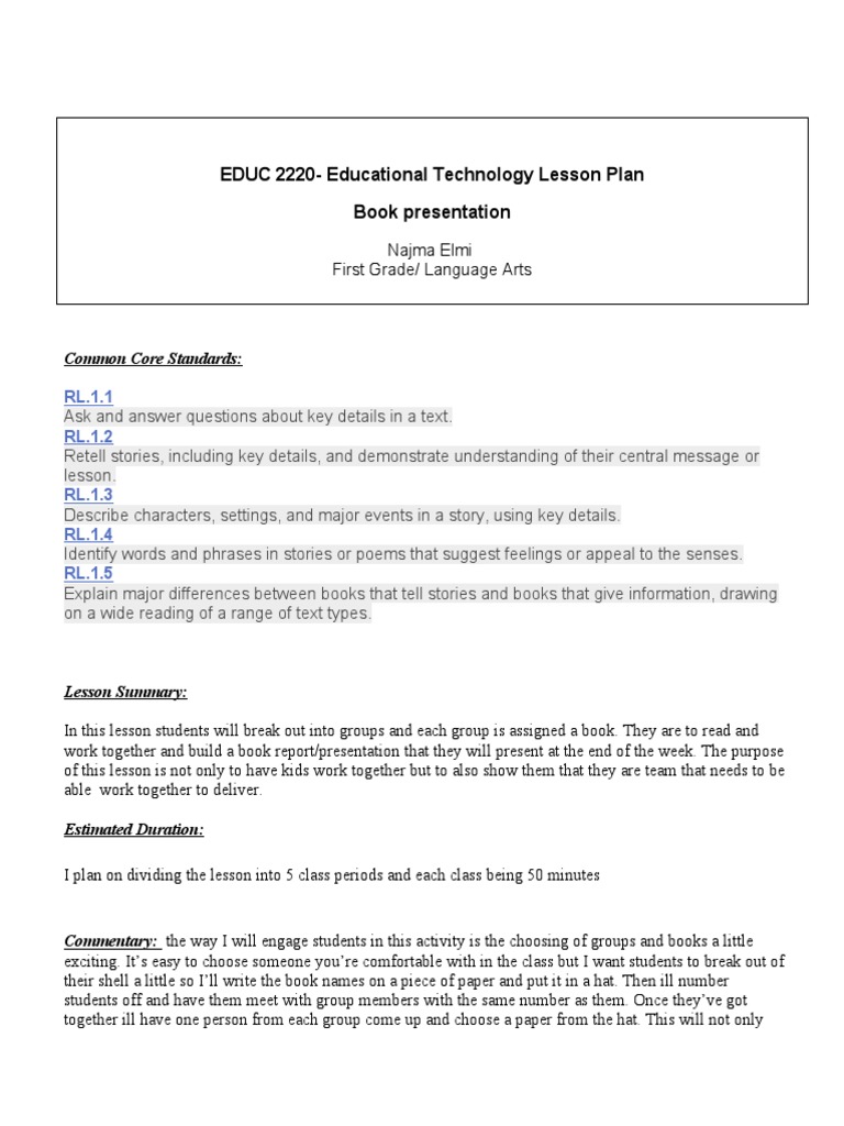 EDUC 2220-Educational Technology Lesson Plan Book Presentation | PDF ...