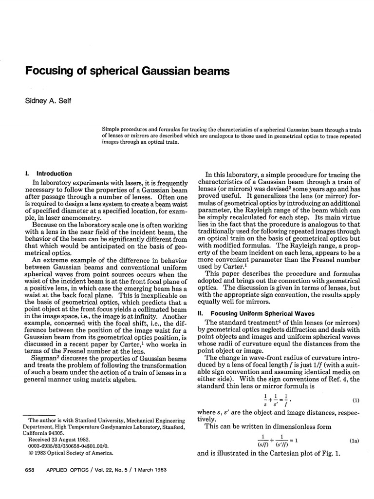 Focusing of Spherical Gaussian Beams | PDF | Optics | Electromagnetic ...