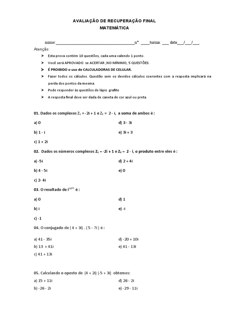 Atividades de Complexos | PDF | Analise matemática | Objetos matemáticos