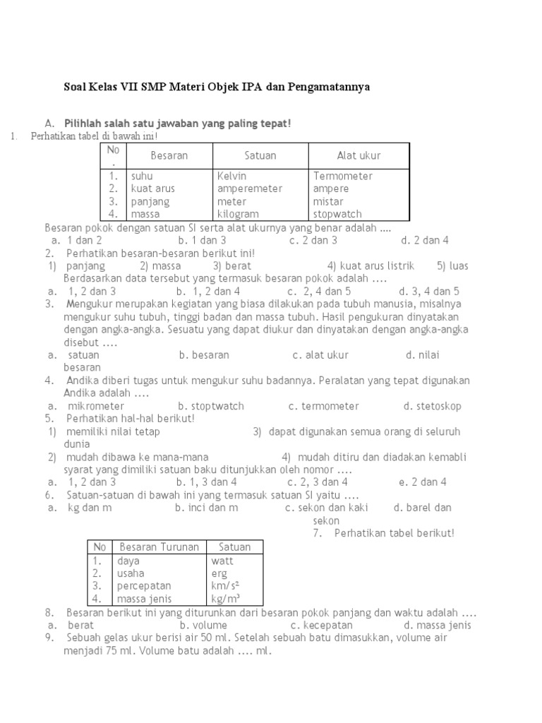 Soal Kelas Vii Smp Materi Objek Ipa Dan Pengamatannya Pdf