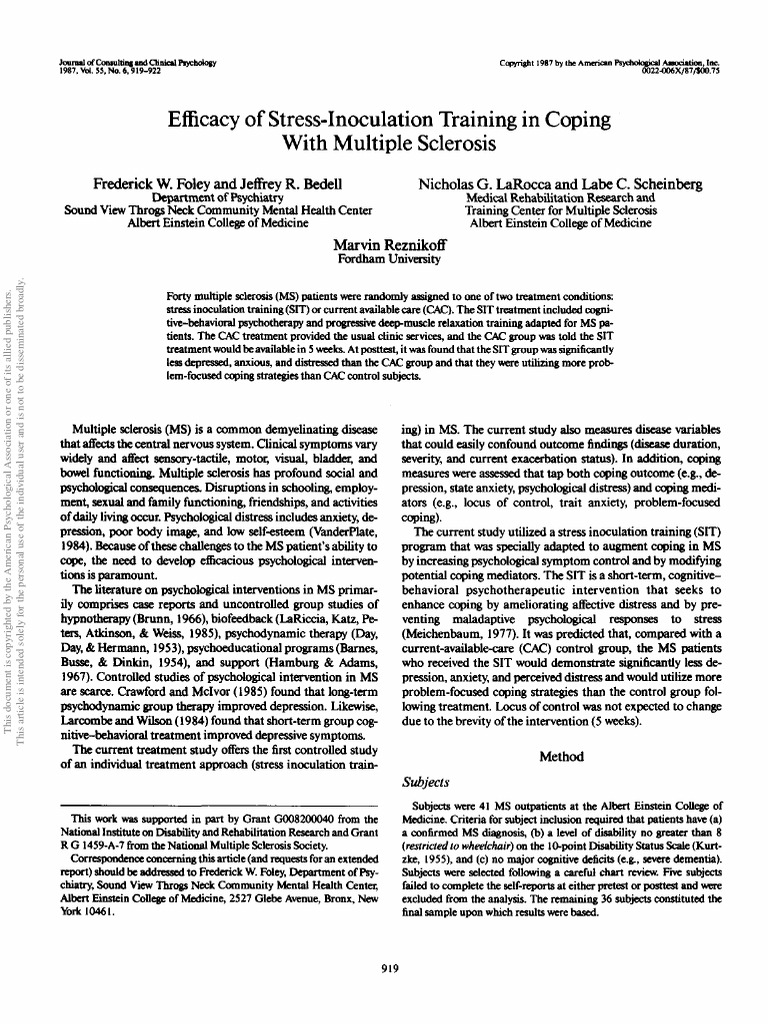 Efficacy of Stress-Inoculation Training in Coping | PDF | Cognitive ...